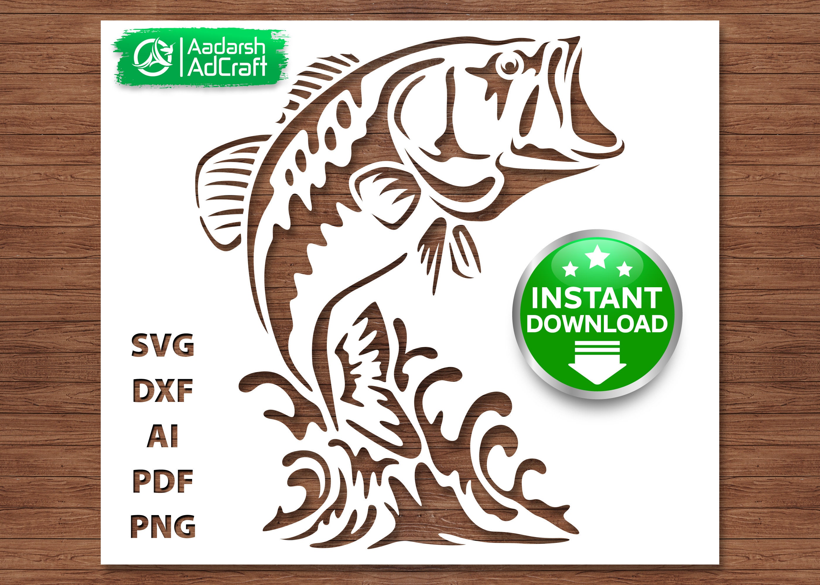 Bass Fish Jumping Stencil Art, Vector Bass Fish Stencil, Sea Creature Art, Aquatic Printable ...