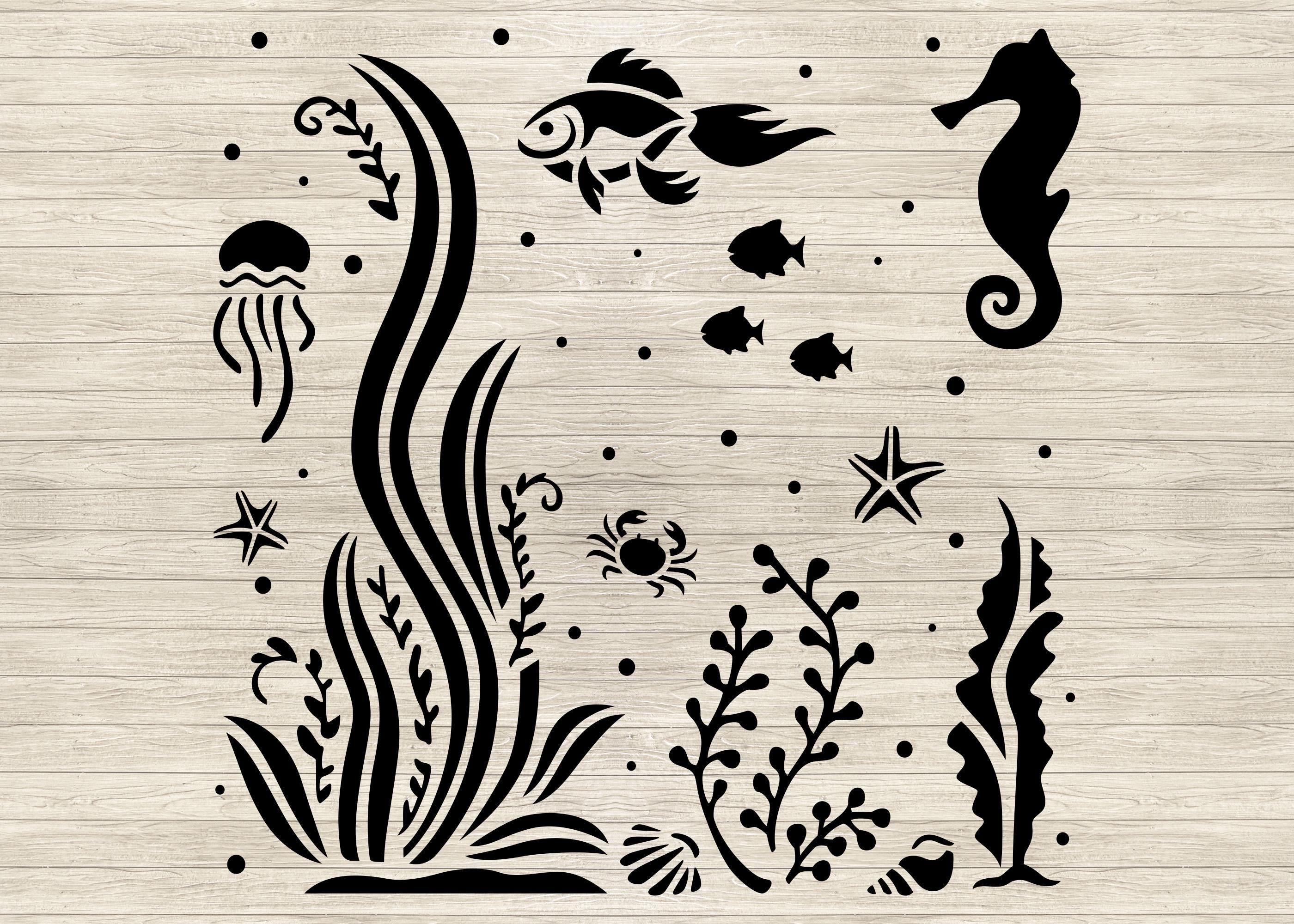 Underwater Aquatic Animals Stencil SVG Set, Ocean Life Template for DIY ...