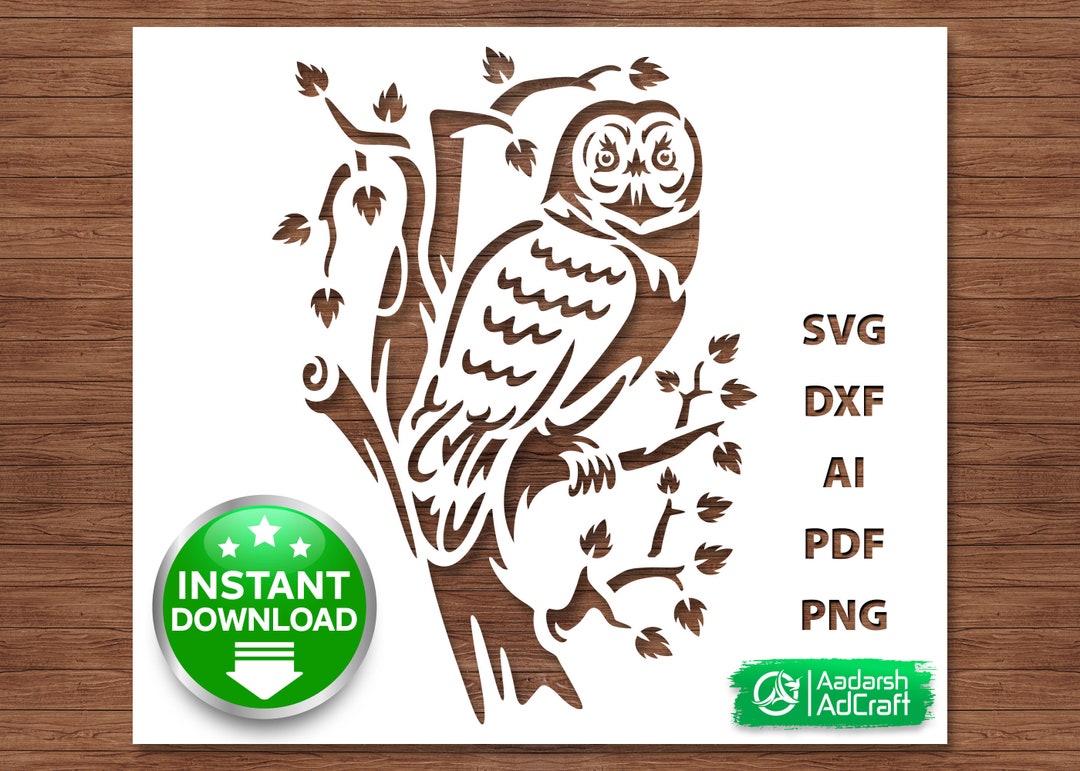 Owl on Tree Full Body Stencil Art, Vector SVG, Dxf, Night Bird, Hooter ...