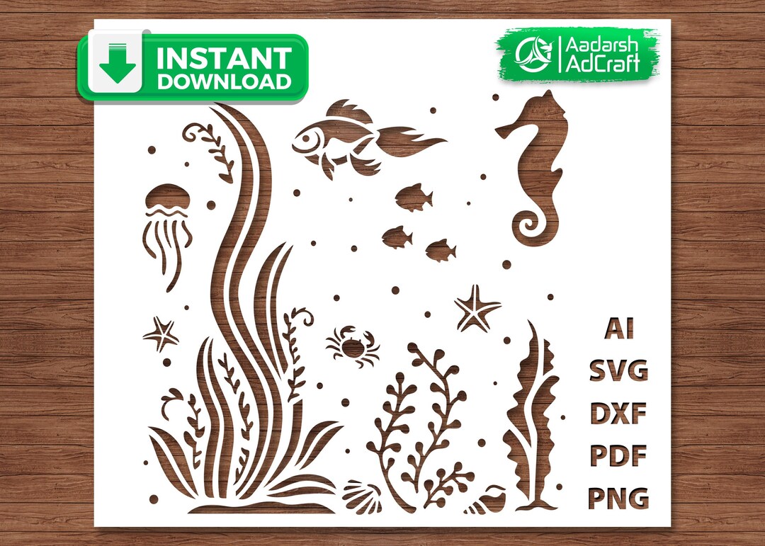 Underwater Aquatic Animals Stencil SVG Set, Ocean Life Template for DIY ...