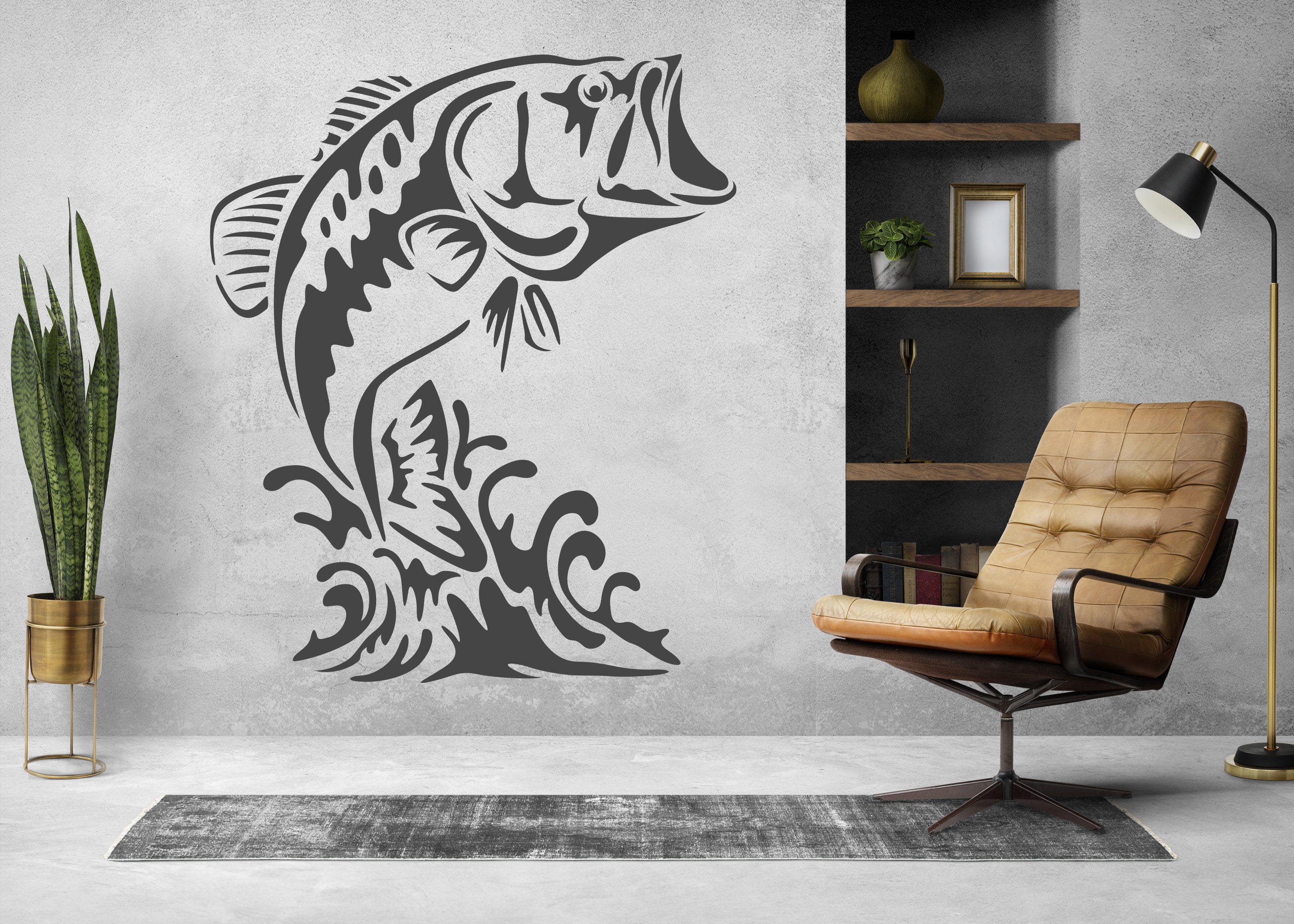 Bass Fish Jumping Stencil Art, Vector Bass Fish Stencil, Sea Creature ...