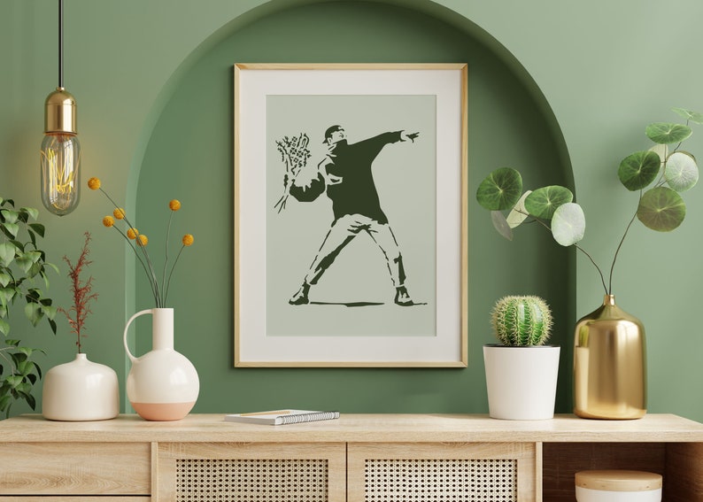 Banksy Rage Flower Bomber Stencil Art, Unique Protest Inspired Street ...