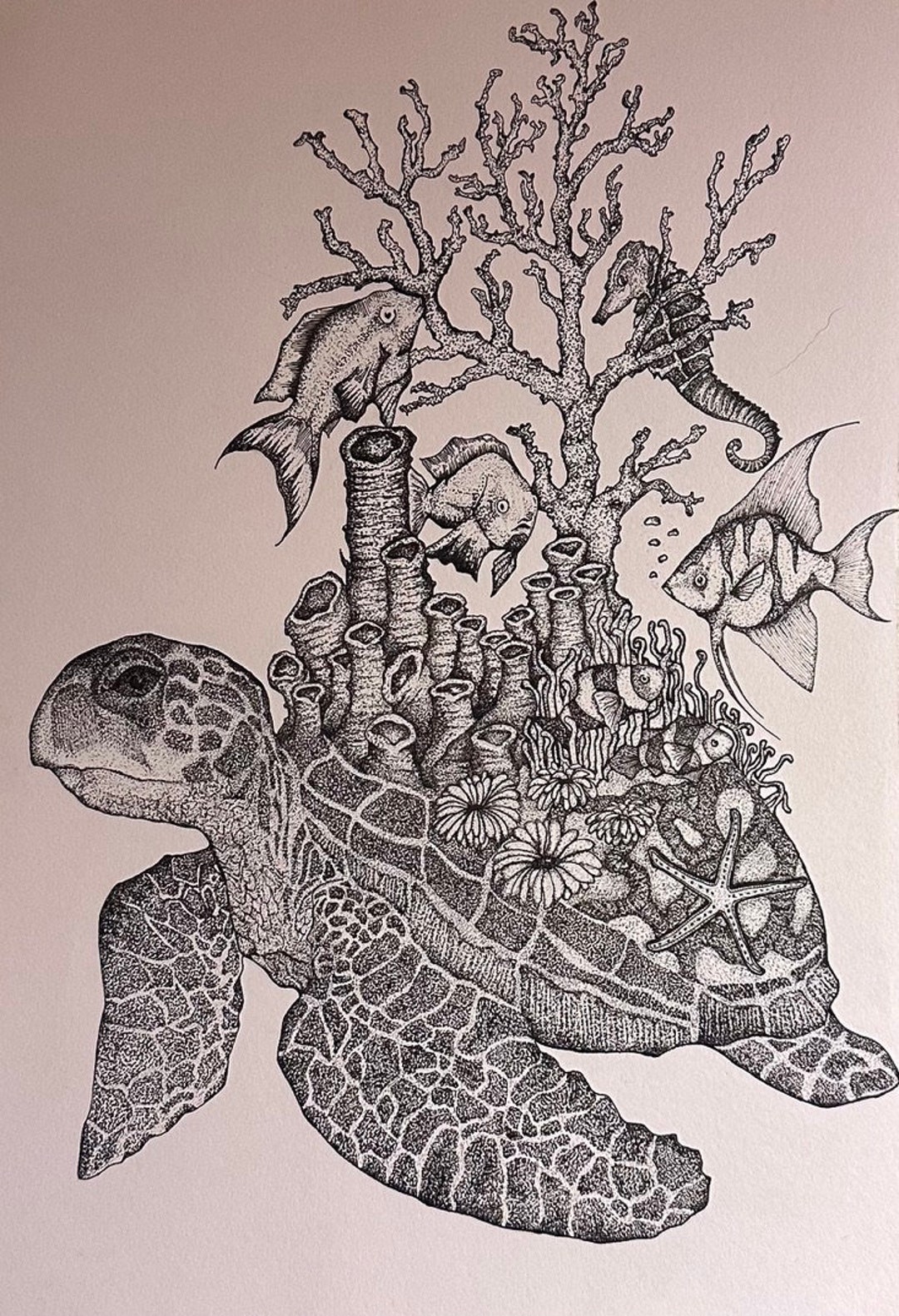 Handmade Detailed Pointillism Turtle Unframed Art Print - Etsy