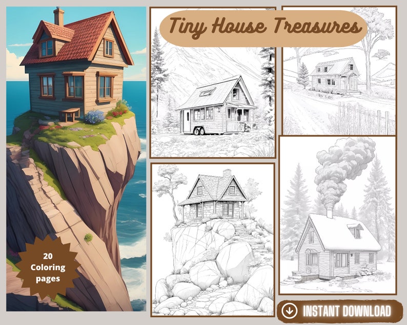 20 Tiny Houses Coloring Book | Printable Adult Kid Pages| Stress Relief ...