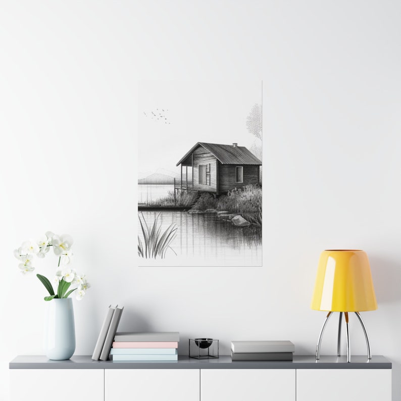 Lakefront Cabin Escape Sketchneutrallandscape Drawling Wall ...