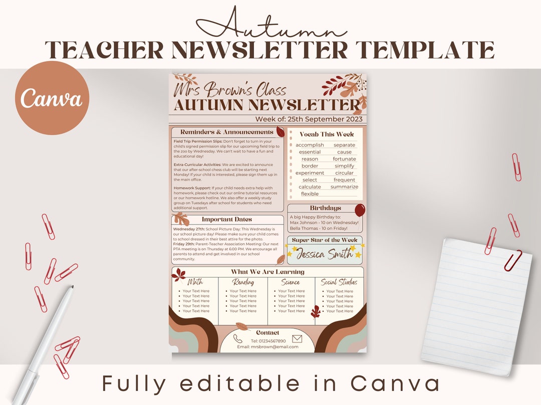Teacher Newsletter Template School Newsletter Template - Etsy