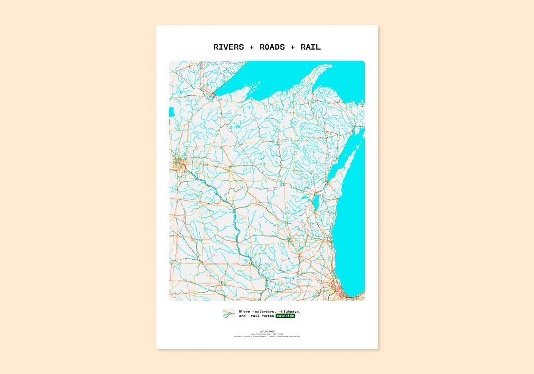 Wisconsin / Rivers + Roads + Rail / Map Art Print - Etsy