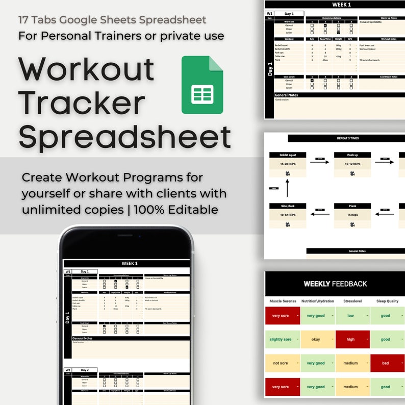 Workout Planner Google Sheets Spreadsheet for Personal Trainers ...