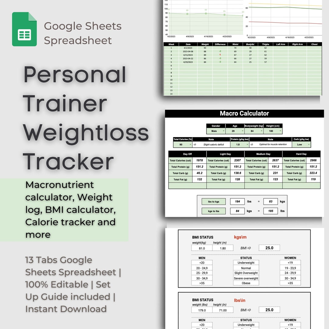 Weight Loss Tracker Spreadsheet for Google Sheets, Personal Trainer ...