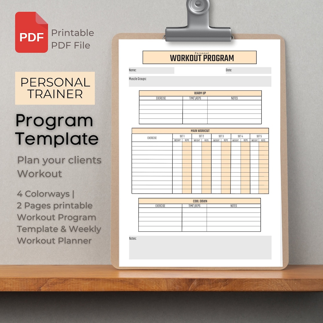 Personal Trainer Workout Tracker Template Printable Exercise Planner ...