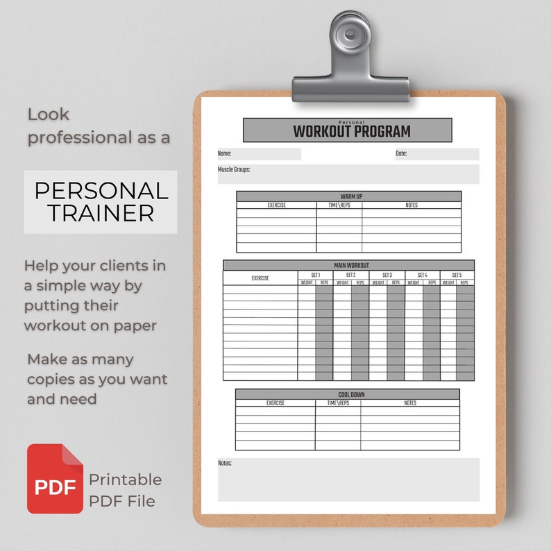 Personal Trainer Workout Tracker Template Printable Exercise Planner ...