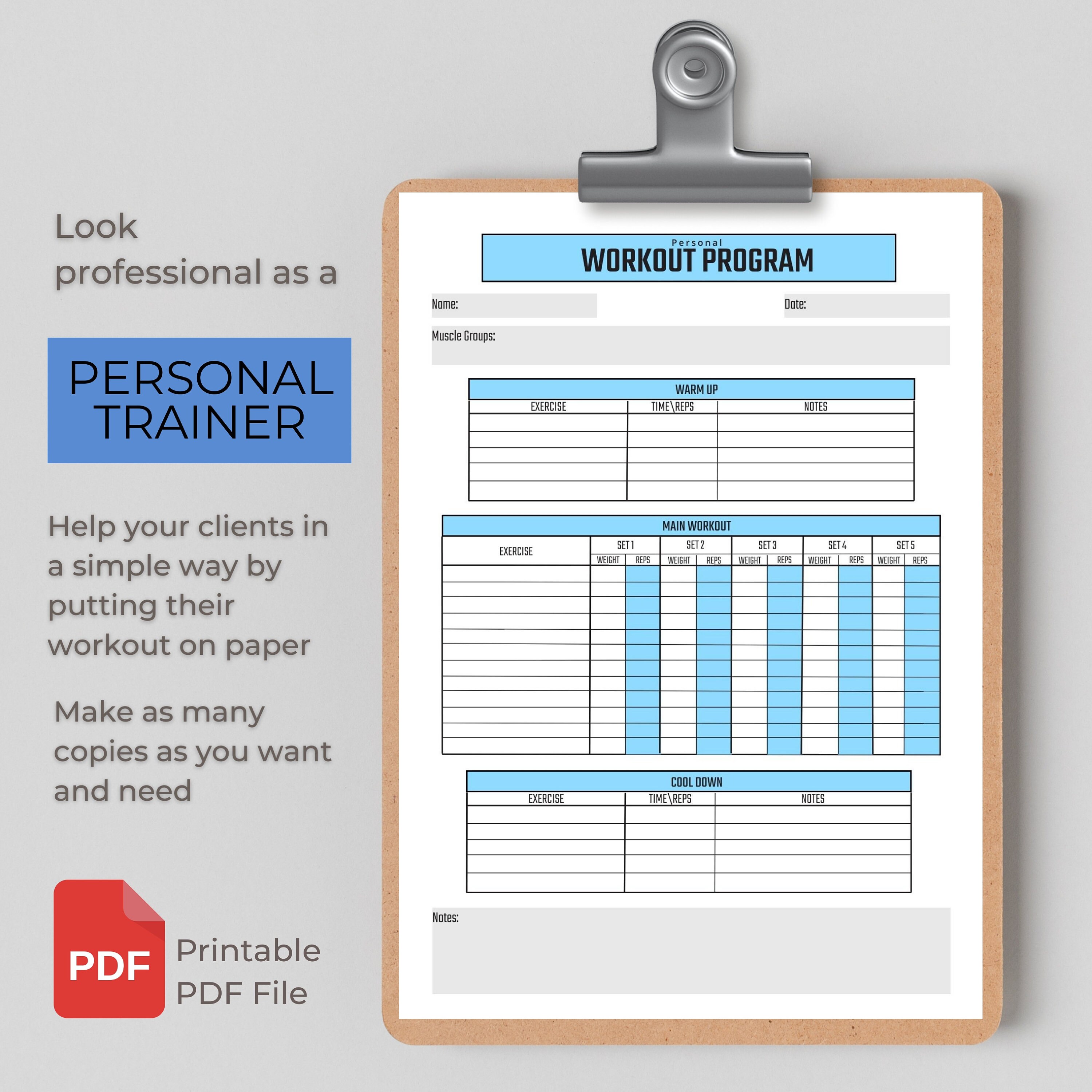Personal Trainer Workout Tracker Template Printable Exercise Planner ...
