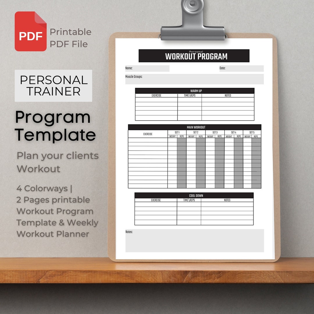Personal Trainer Workout Tracker Template Printable Exercise Planner ...