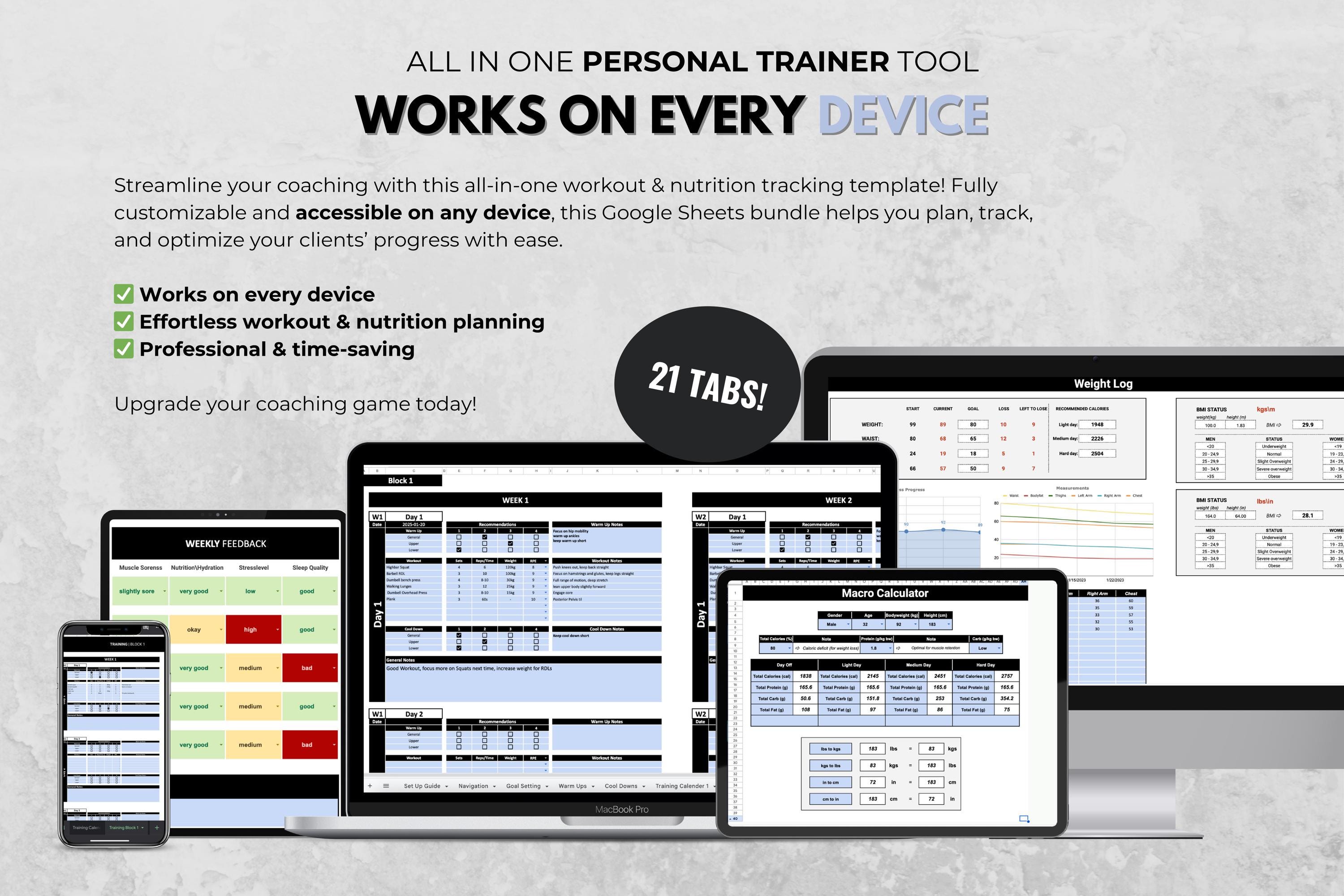 Personal Trainer Workout and Nutrition Spreadsheet for Google Sheets ...