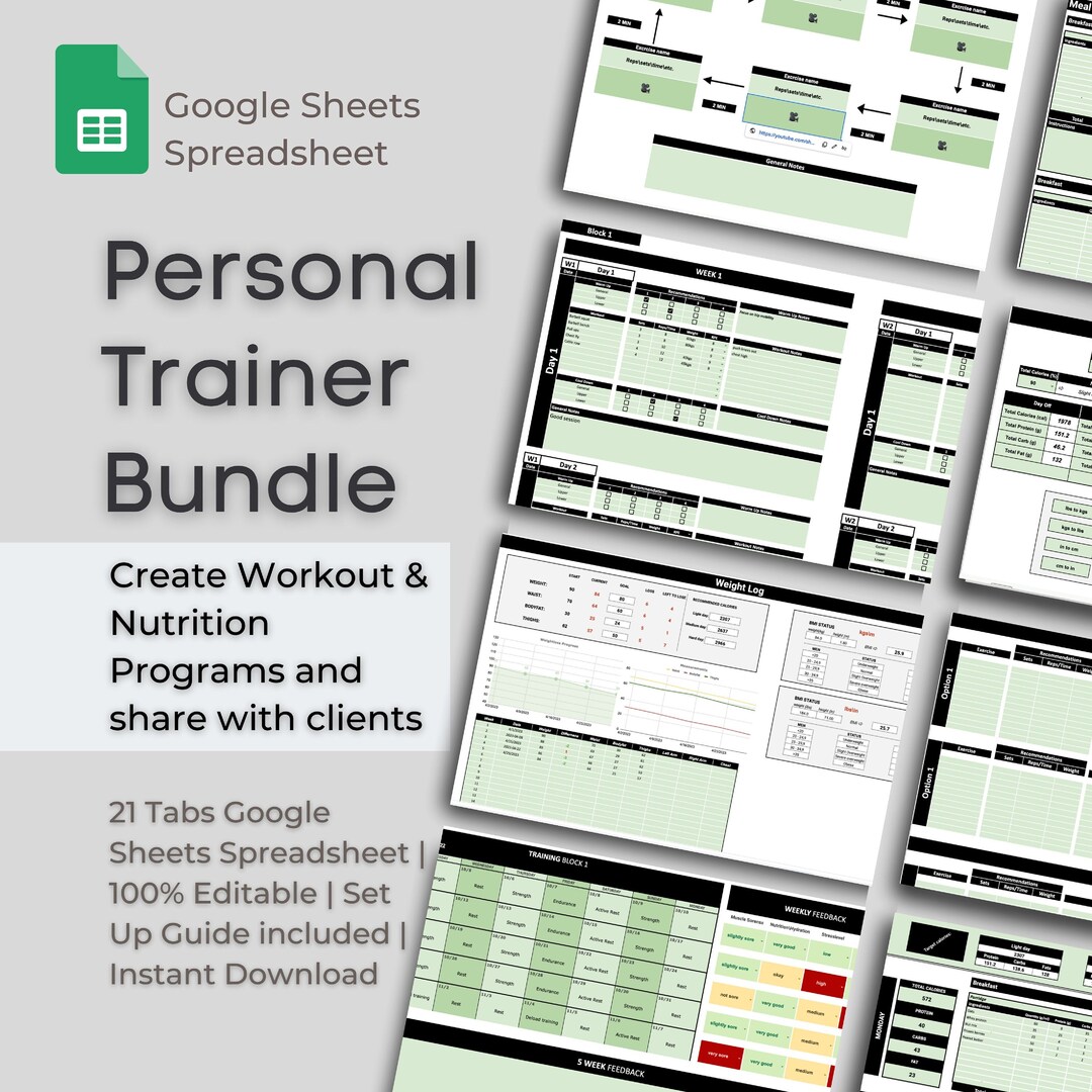 Personal Trainer Workout and Nutrition Spreadsheet for Google Sheets ...