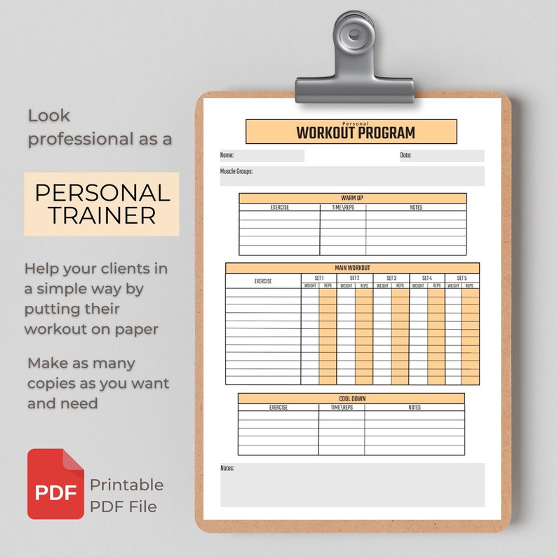 Personal Trainer Workout Tracker Template Printable Exercise Planner ...