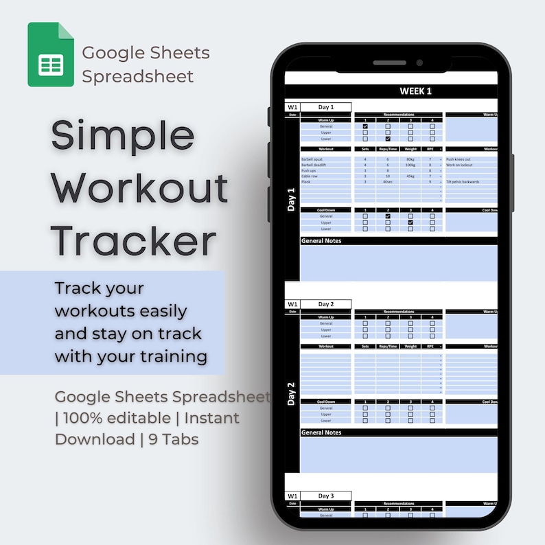 Workout Tracker Google Sheets Spreadsheet Digital Template - Etsy