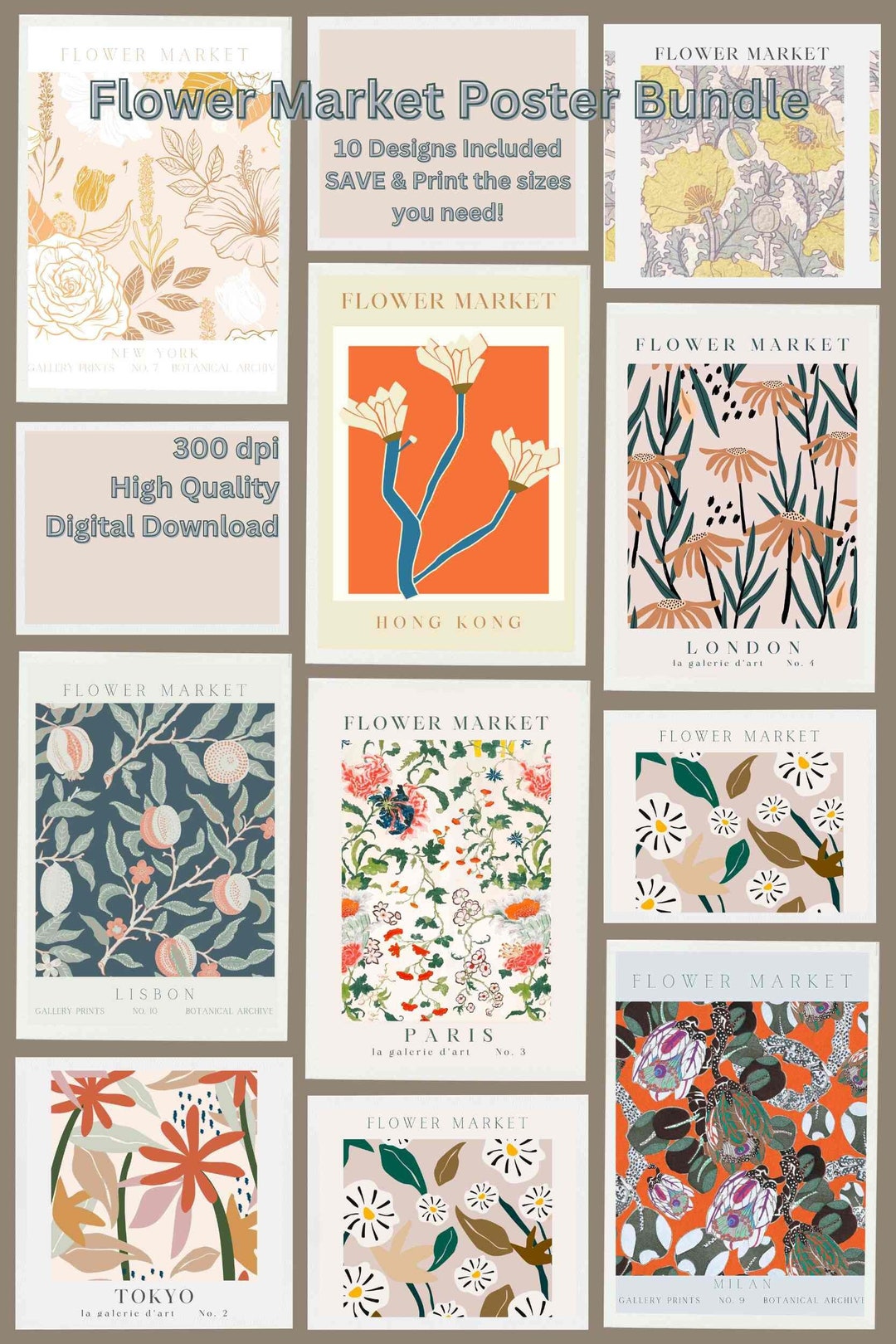 Flower Market Digital Bundle of 10 Designs, Floral Graphic Art, Poster ...