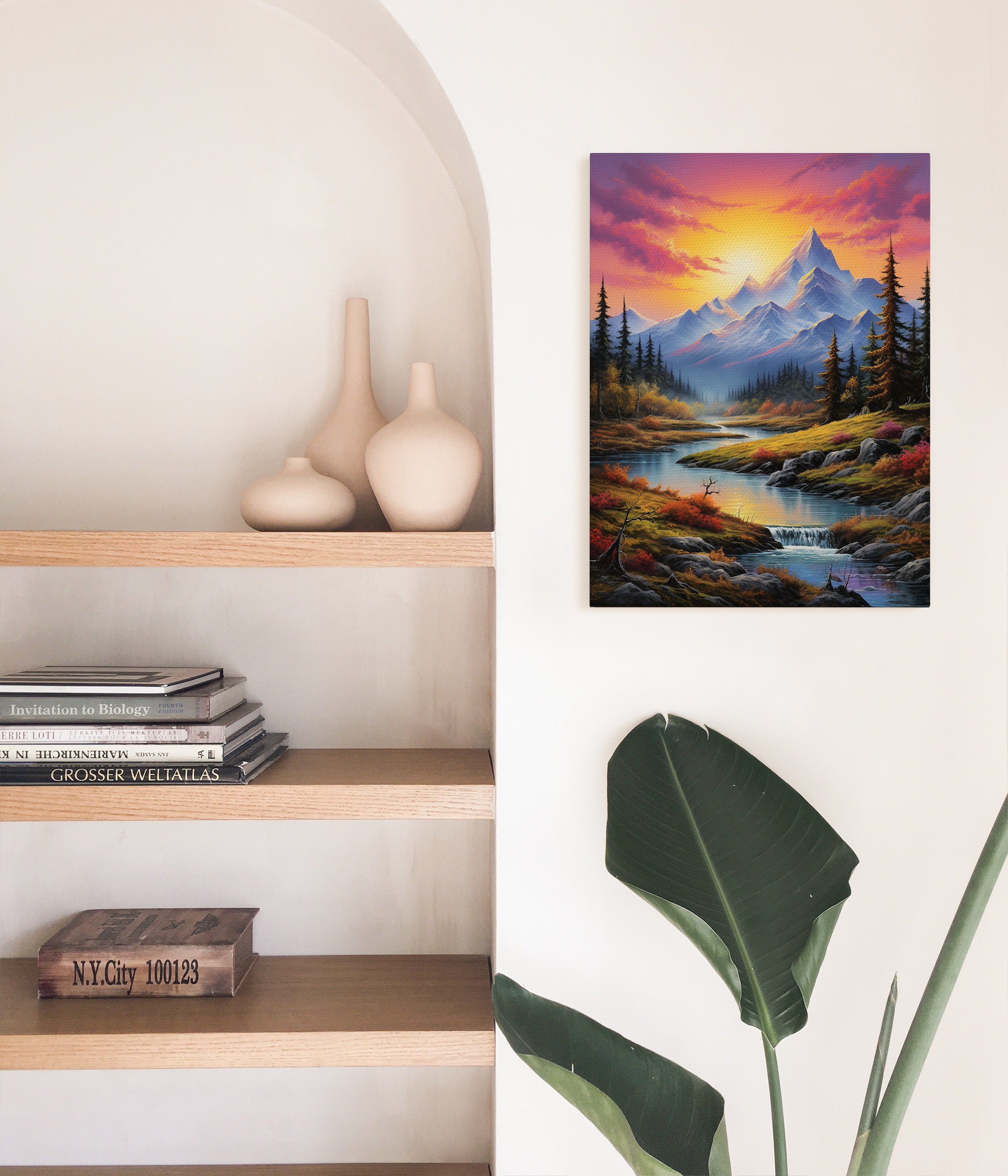 River Rhapsody: A Bob Ross-inspired Digital Canvas Print of a Mountain and River Landscape 40d7 ...