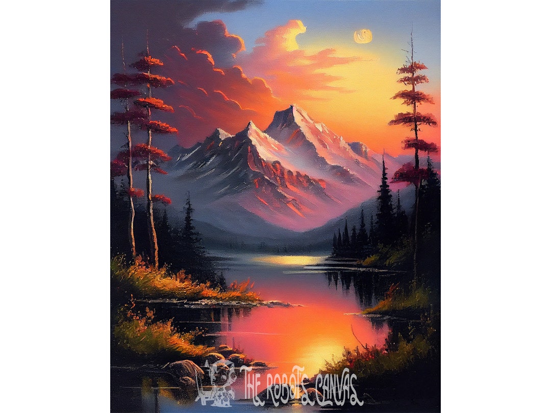 Sunset Symphony: A Bob Ross Inspired Countryside Oil Painting Depicting ...