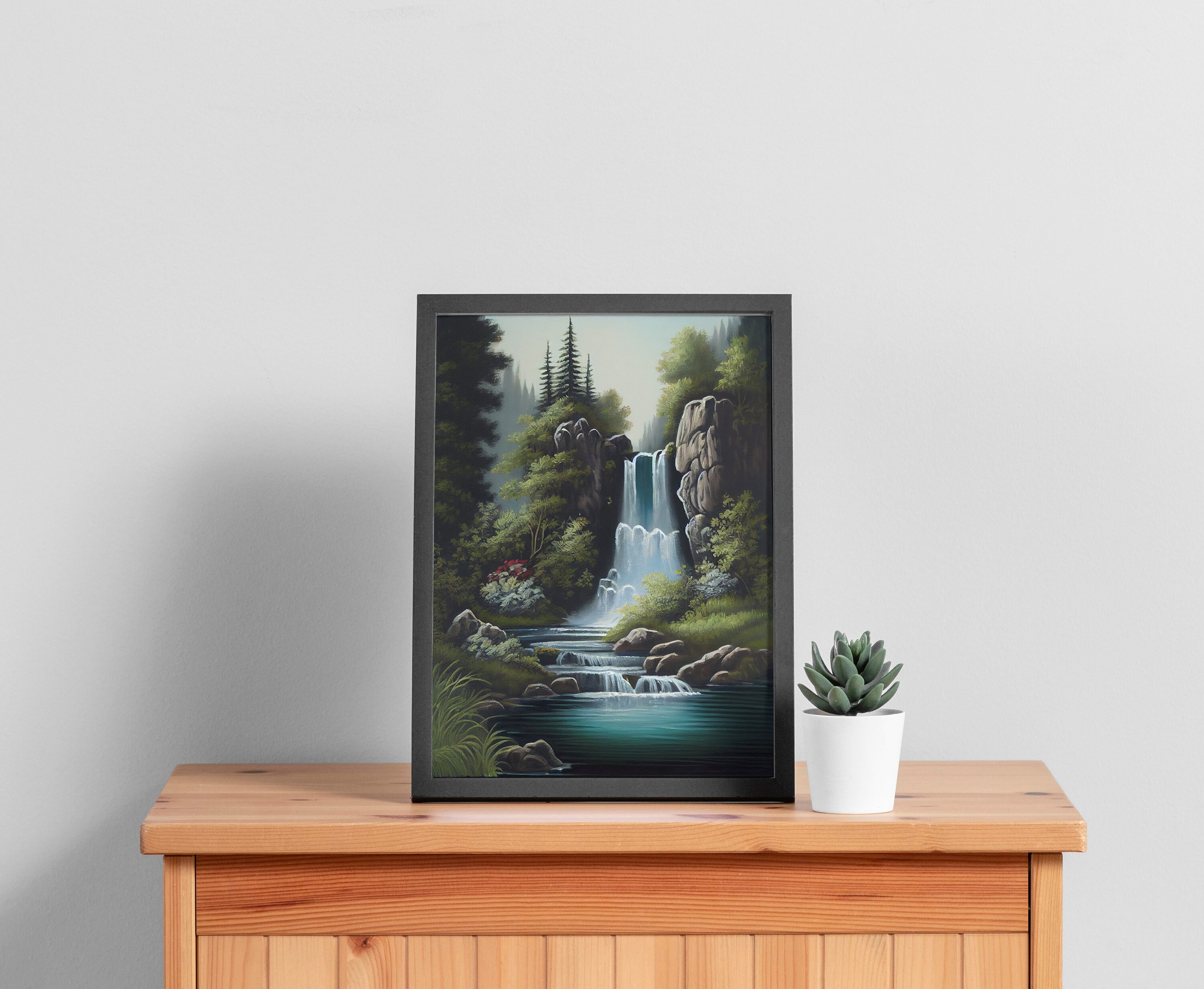 Cascading Serenity: A Bob Ross-inspired Landscape Digital Print of a ...