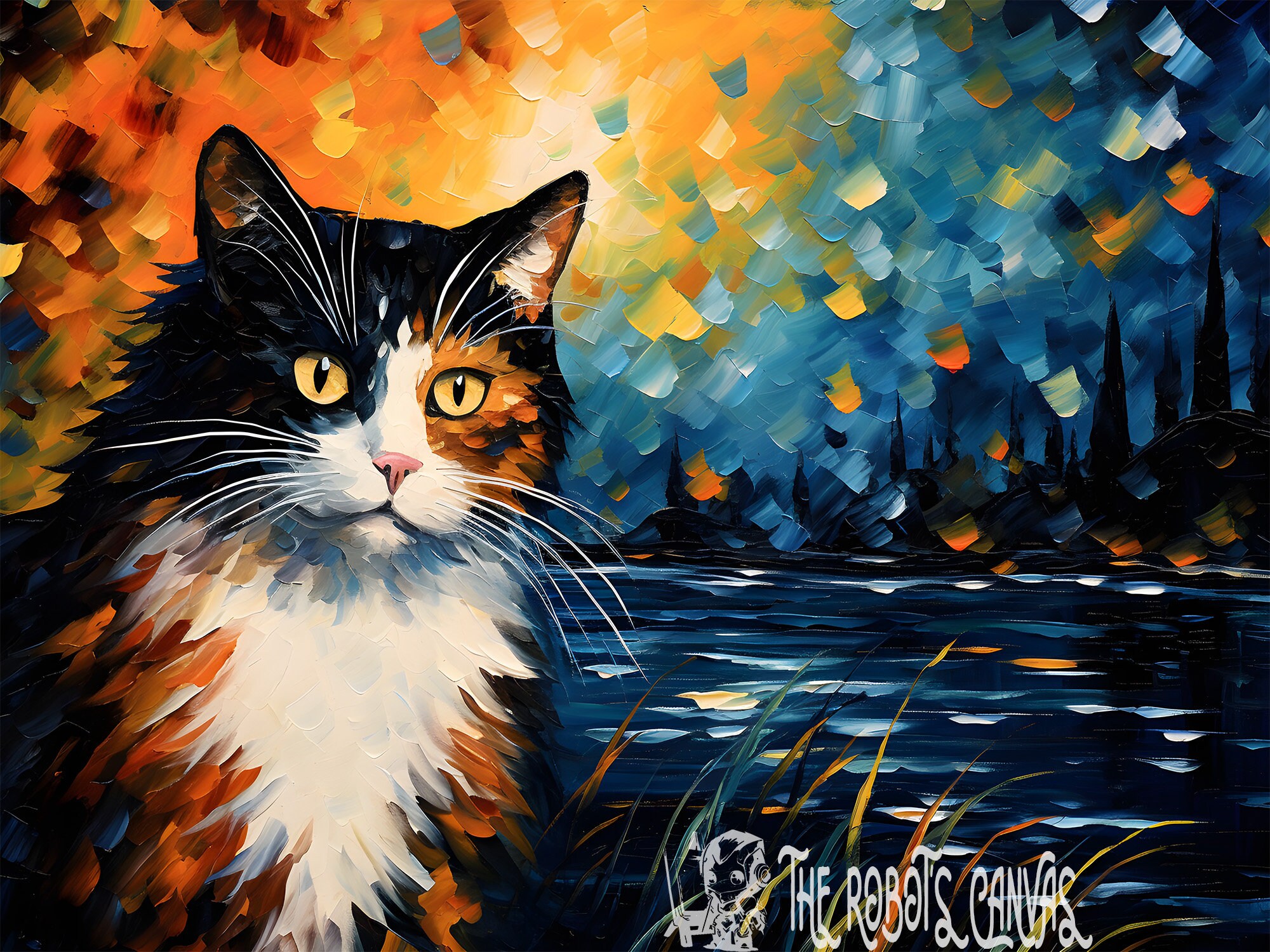 Starry Night Inspired Calico Cat Art: Van Gogh Style Brush Strokes ...