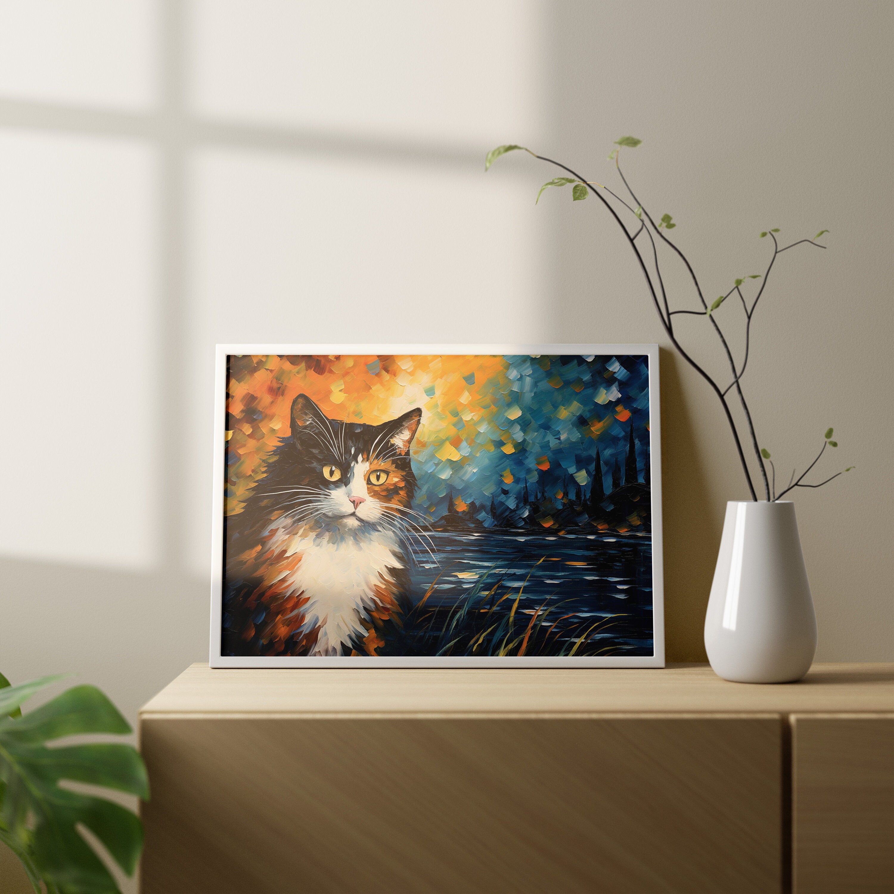 Starry Night Inspired Calico Cat Art: Van Gogh Style Brush Strokes ...