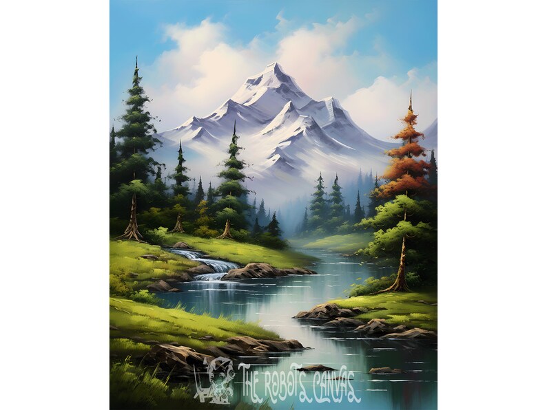 River Reverie: A Bob Ross-inspired Digital Download of a Mountainous ...