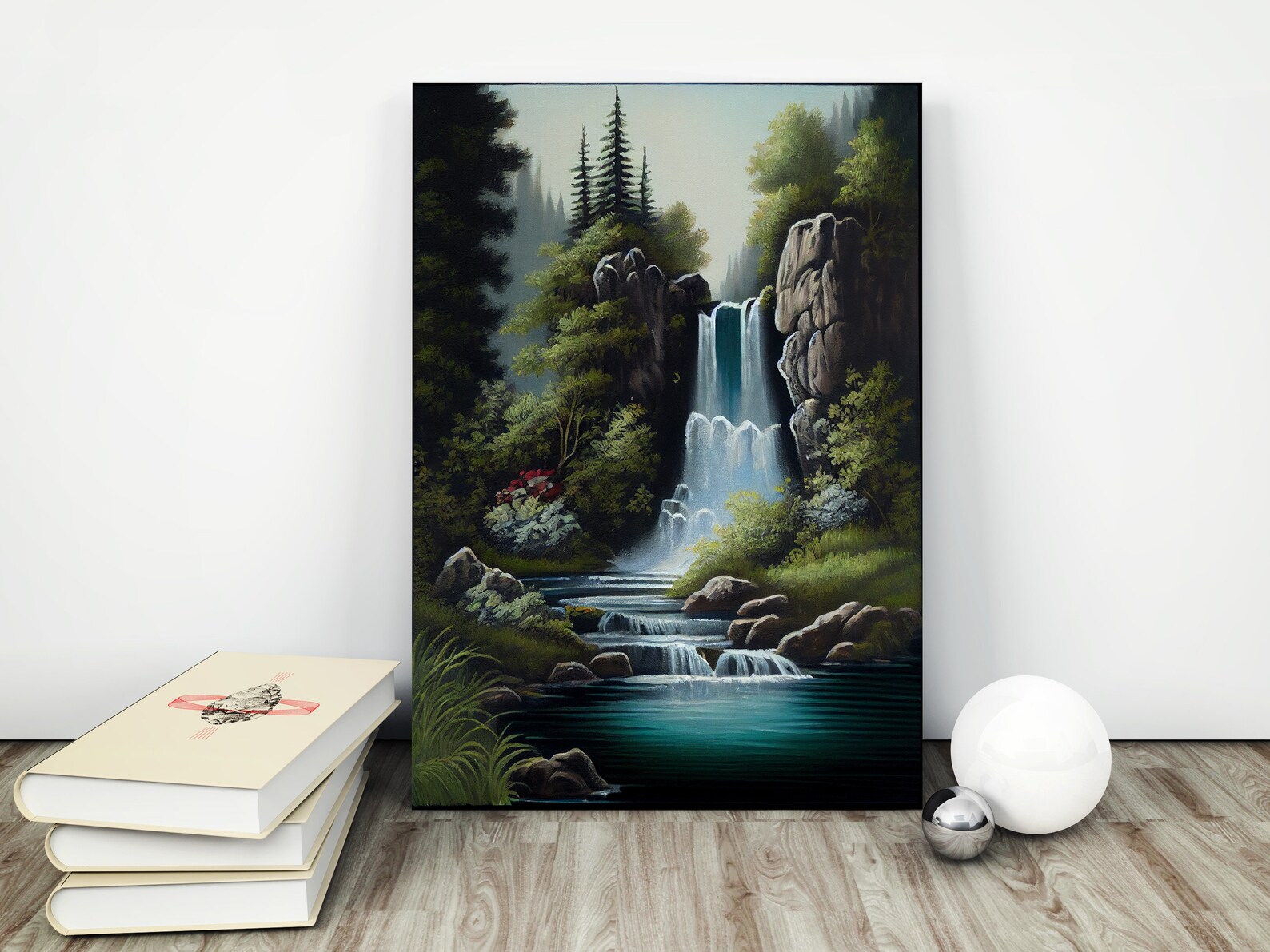 Cascading Serenity: A Bob Ross-inspired Landscape Digital Print of a ...