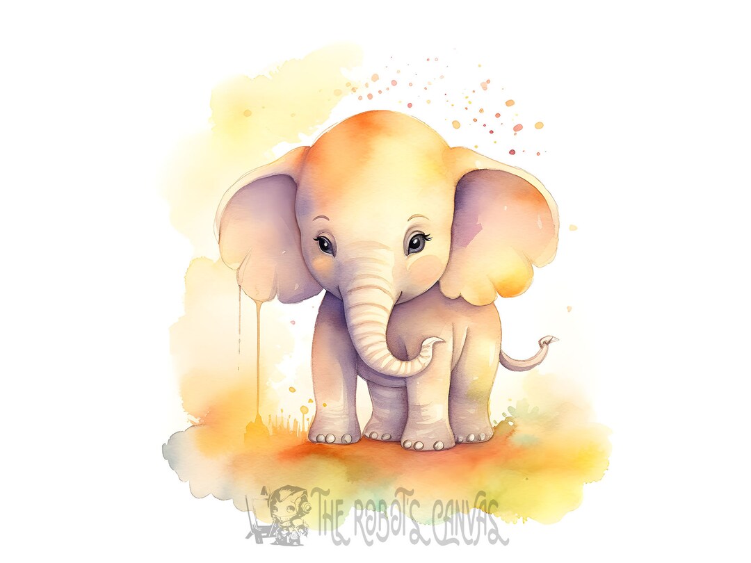 Sunlit Glee: Chibi Elephant Watercolor Digital Download Instant Art for ...