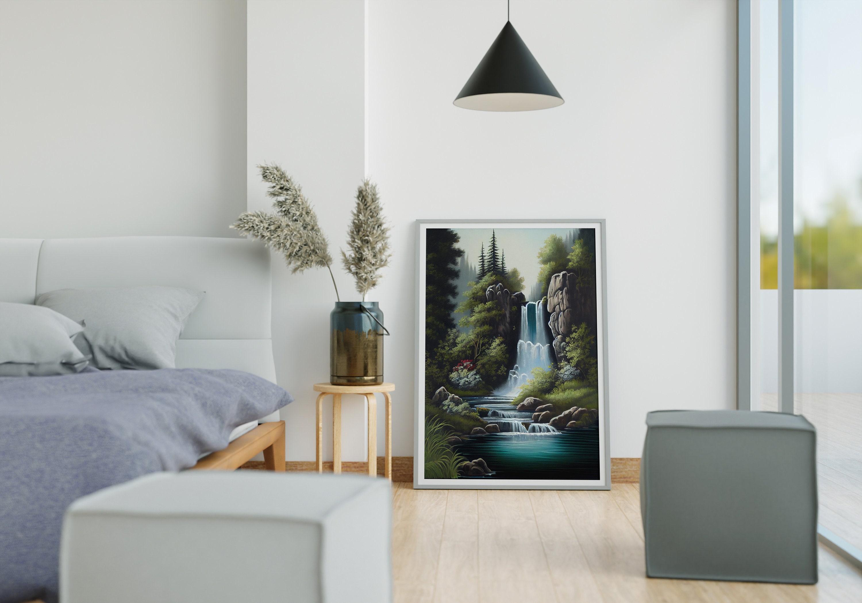 Cascading Serenity: A Bob Ross-inspired Landscape Digital Print of a ...