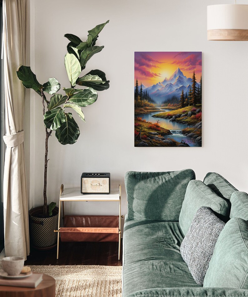 River Rhapsody: A Bob Ross-inspired Digital Canvas Print of a Mountain and River Landscape 40d7 ...