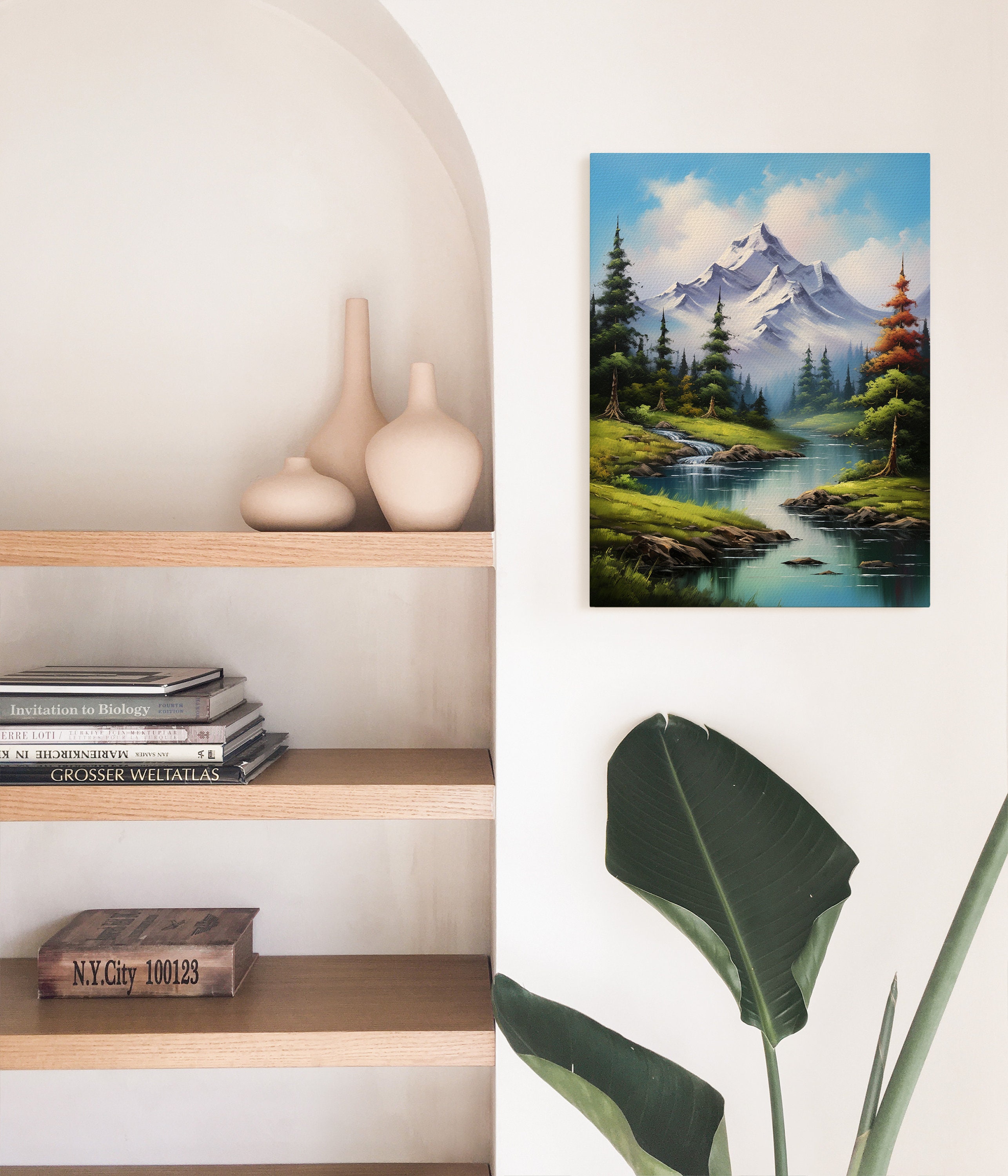 River Reverie: A Bob Ross-inspired Digital Canvas Print of a ...