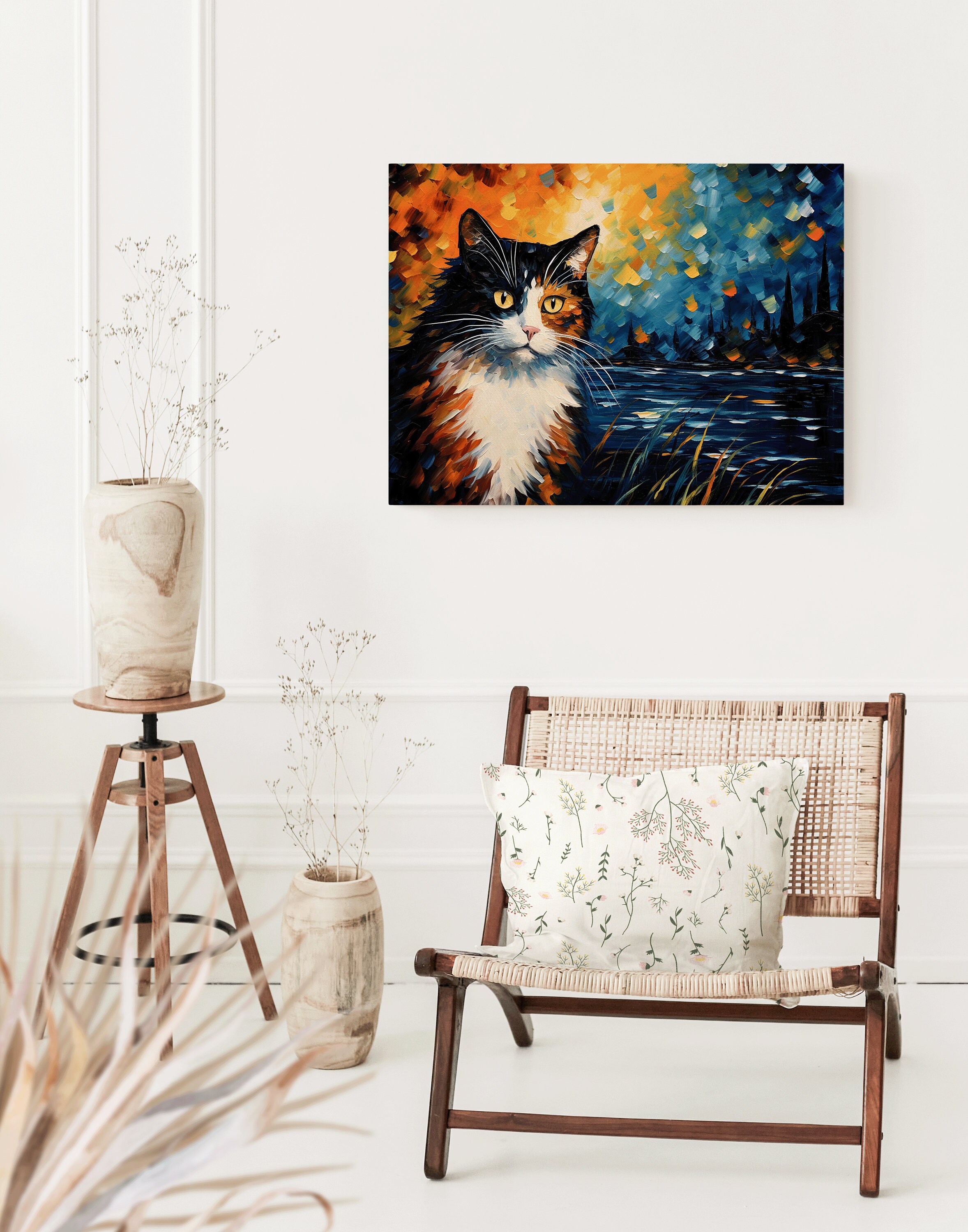 Starry Night Inspired Calico Cat Art: Van Gogh Style Brush Strokes ...