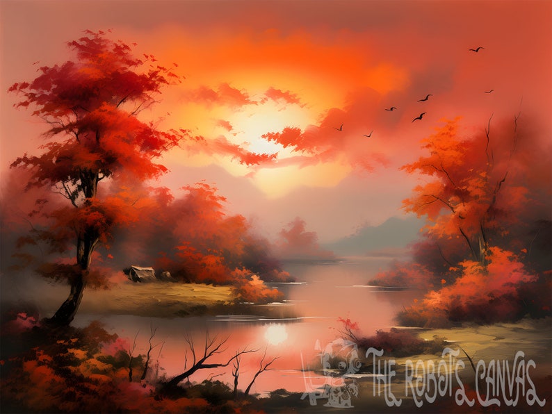 Evening Reverie: A Bob Ross-inspired Sunset Dreamscape, Digital ...