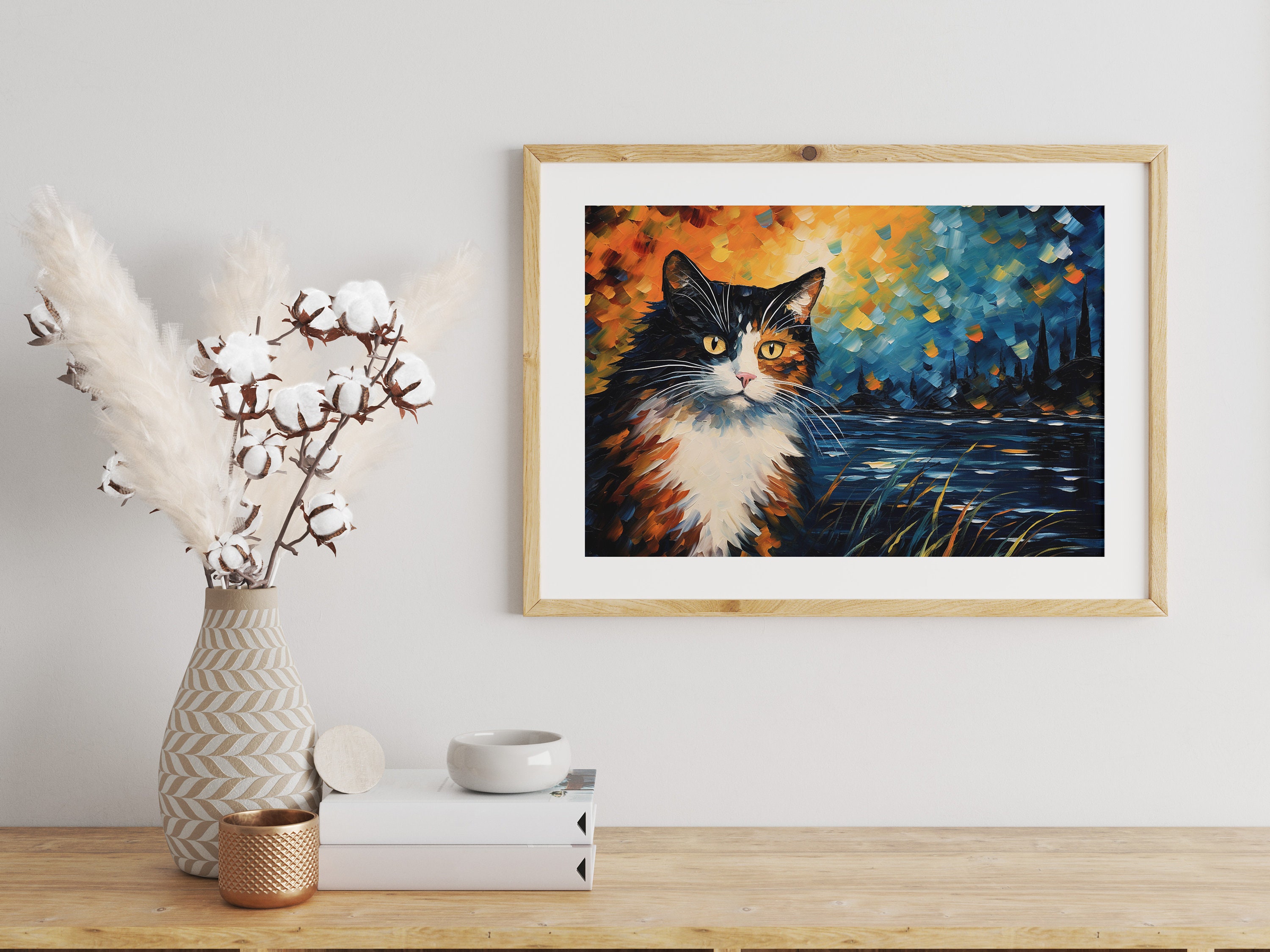 Starry Night Inspired Calico Cat Art: Van Gogh Style Brush Strokes ...