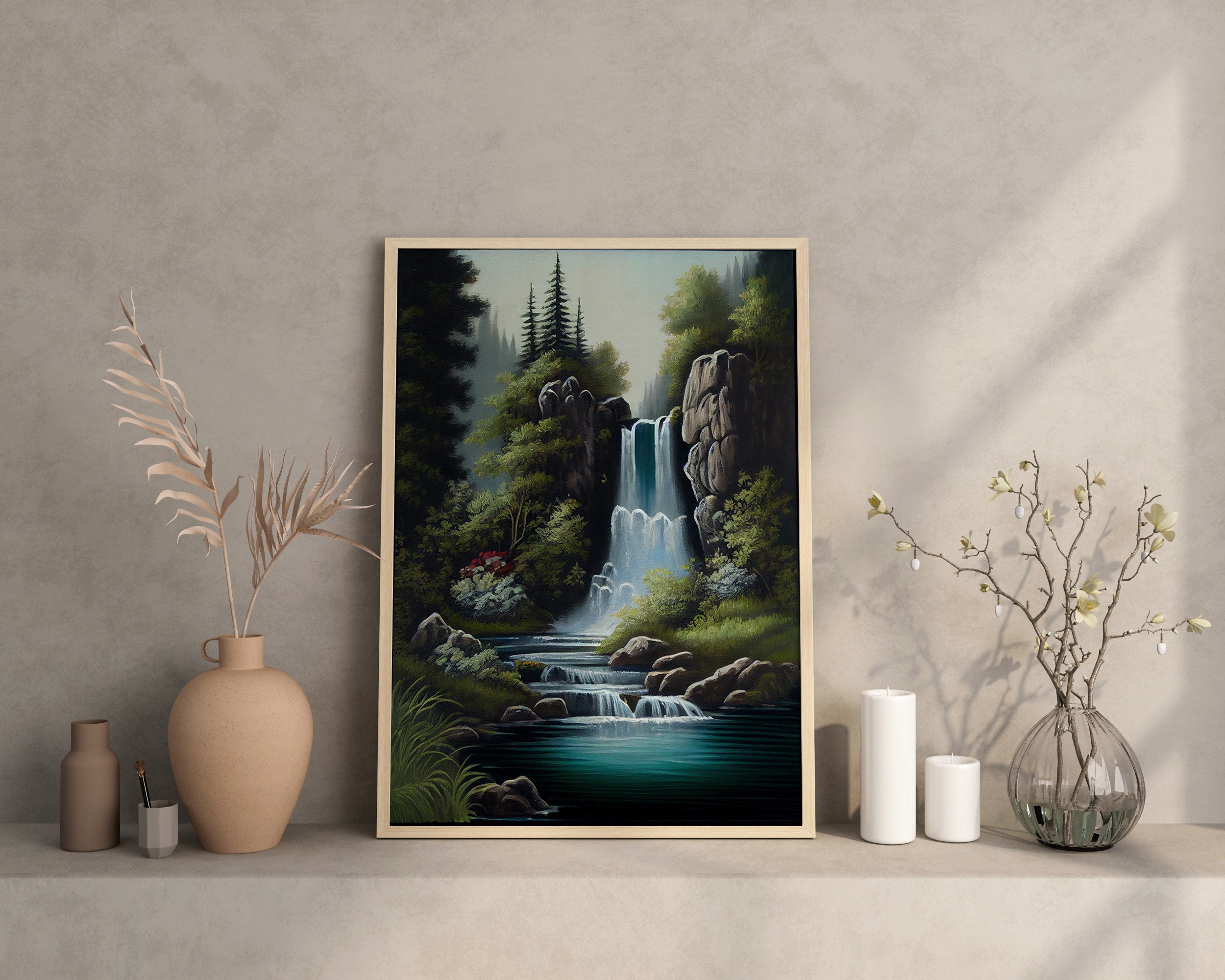 Cascading Serenity: A Bob Ross-inspired Landscape Digital Print of a ...