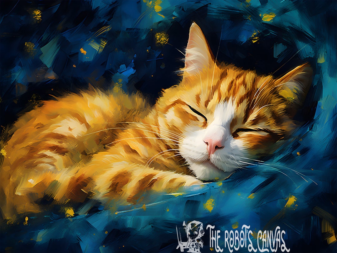 Van Gogh Inspired: Starry Night Backdrop With Sleeping Calico Cat ...