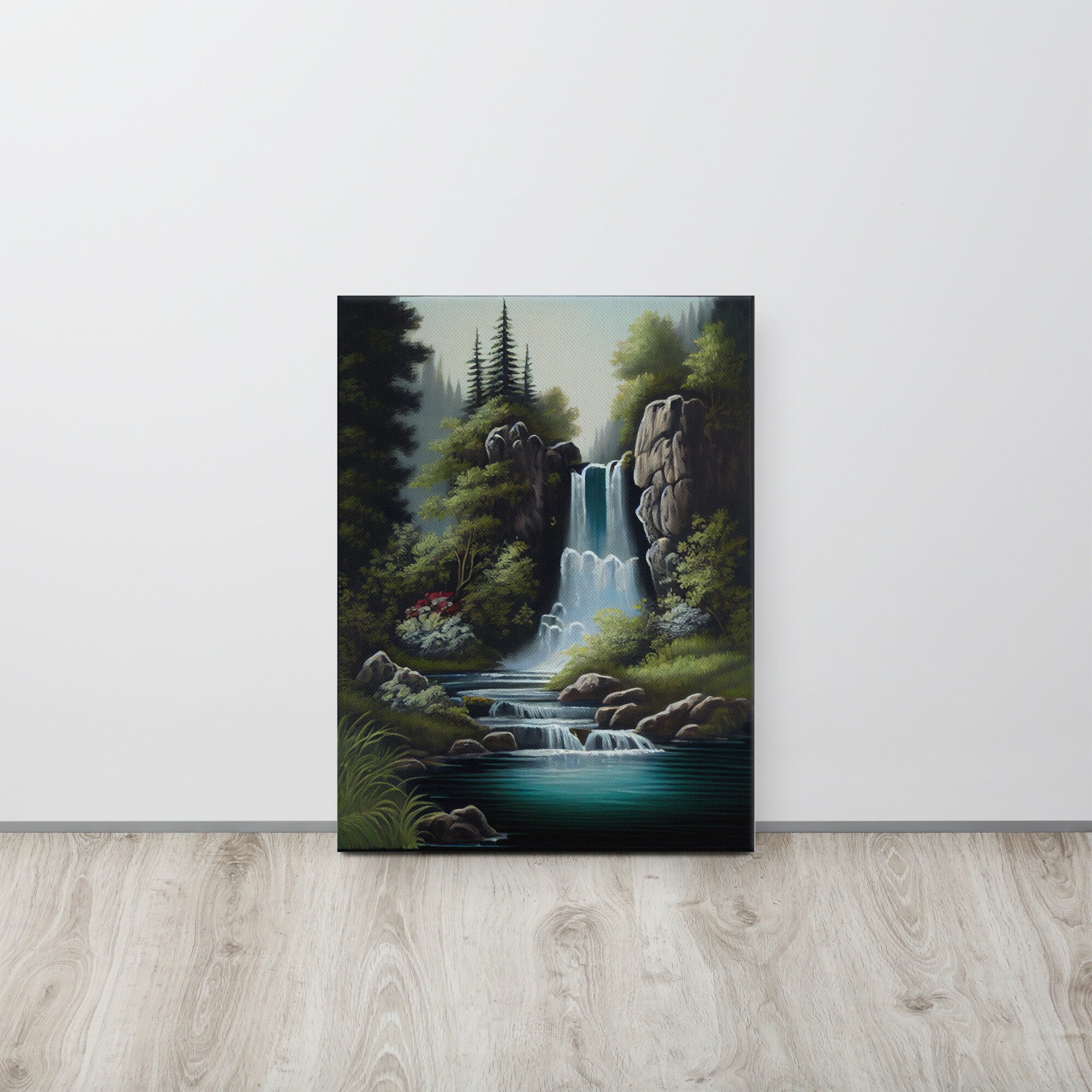 Cascading Serenity: A Bob Ross-inspired Landscape Digital Print of a ...