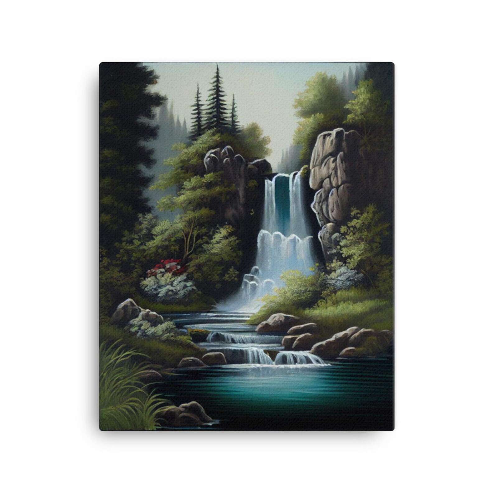 Cascading Serenity: A Bob Ross-inspired Landscape Digital Print of a ...