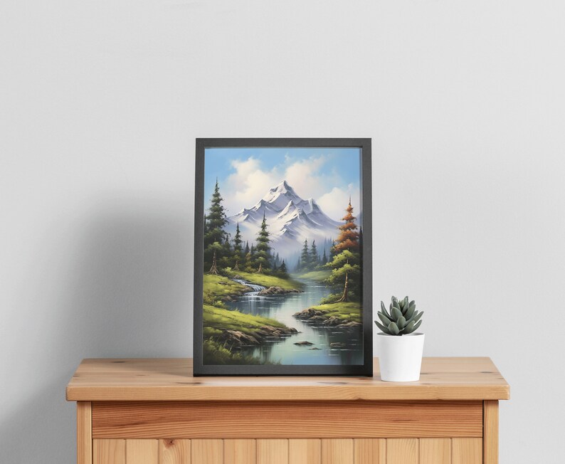 River Reverie: A Bob Ross-inspired Digital Download of a Mountainous ...