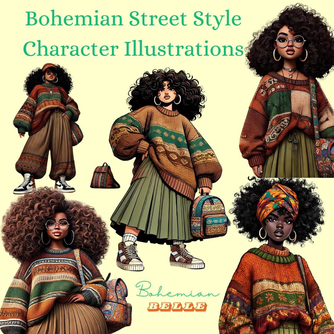 Nerdy Girl Bohemian Characters, Boho Book Illustration, Hippie ...