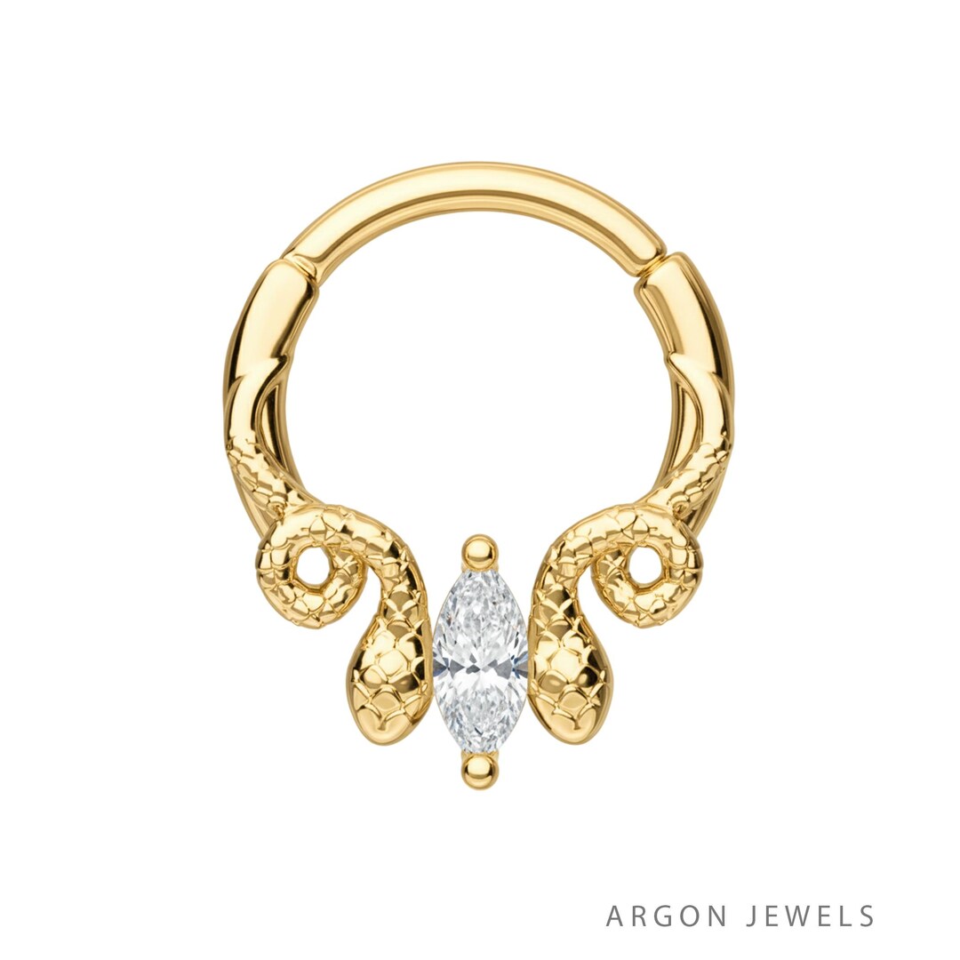 Agnia 14K Gold Snake Septum Ring, Marquise Lab Grown Center Clicker ...