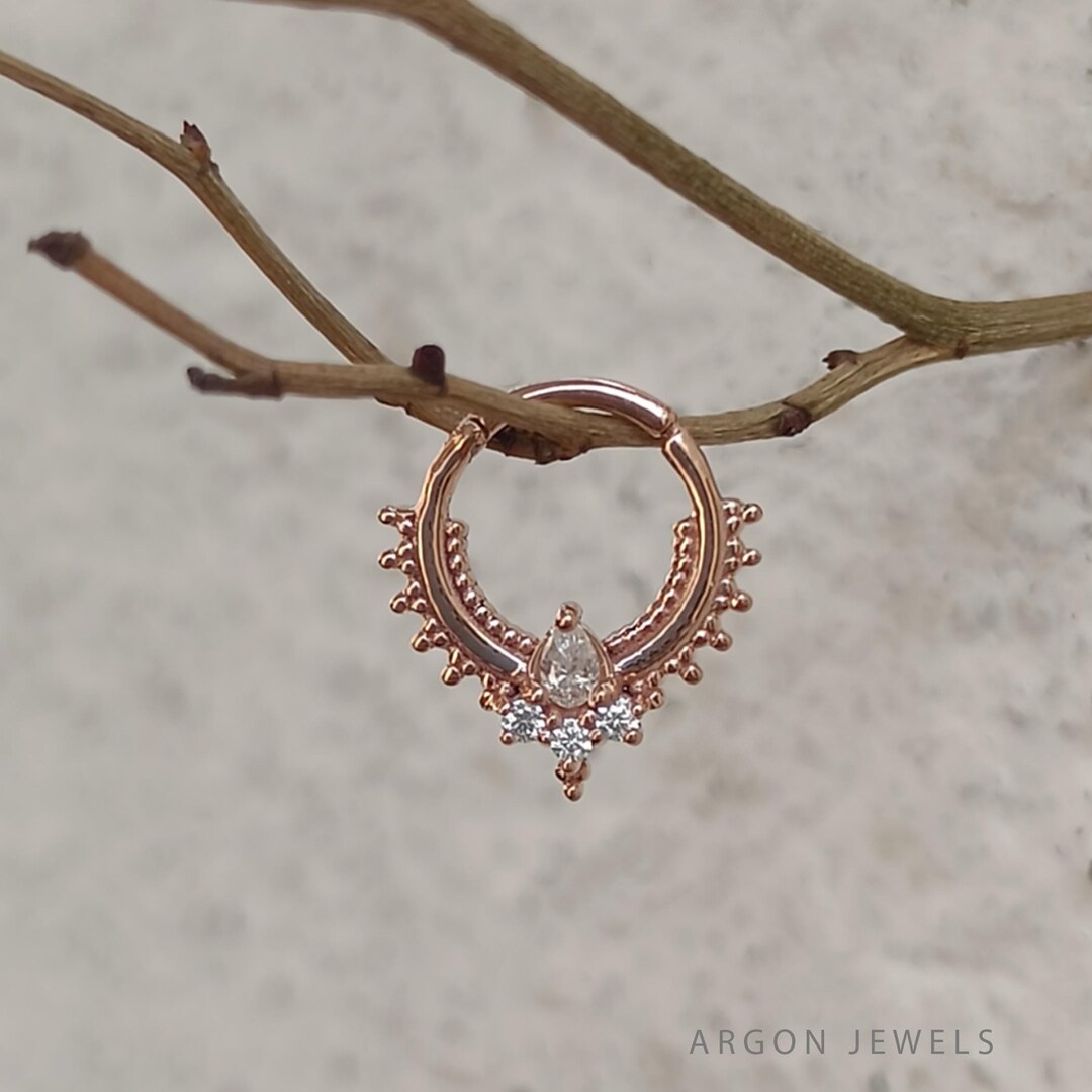 Eleanor 14ct Yellow Gold Segment Ring, Pear & Round Diamond Daith ...