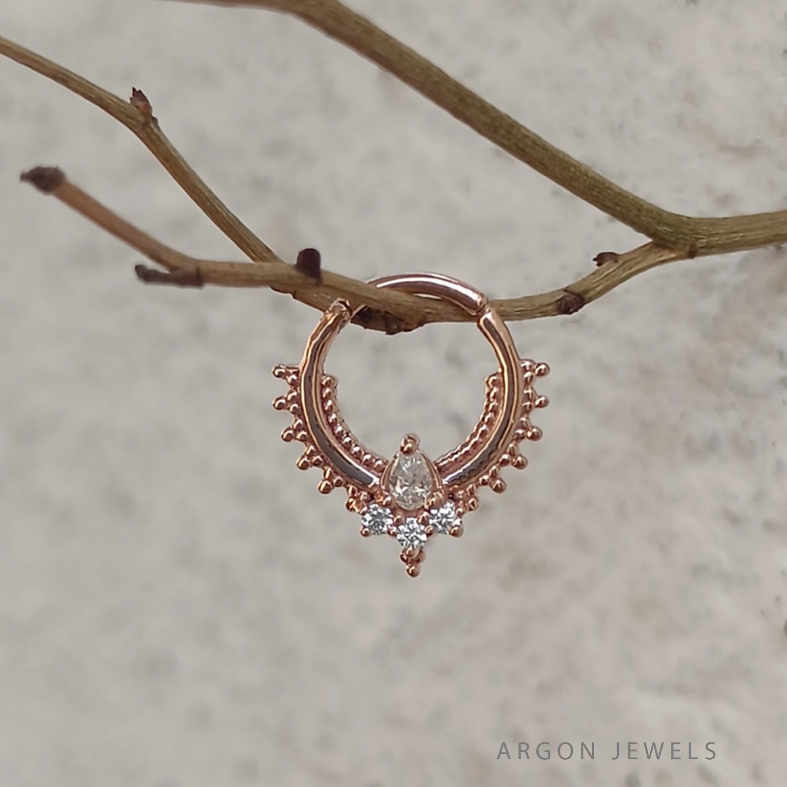 Eleanor 14ct Yellow Gold Segment Ring, Pear & Round Diamond Daith, Round Septum, Gold CZ Hinge ...