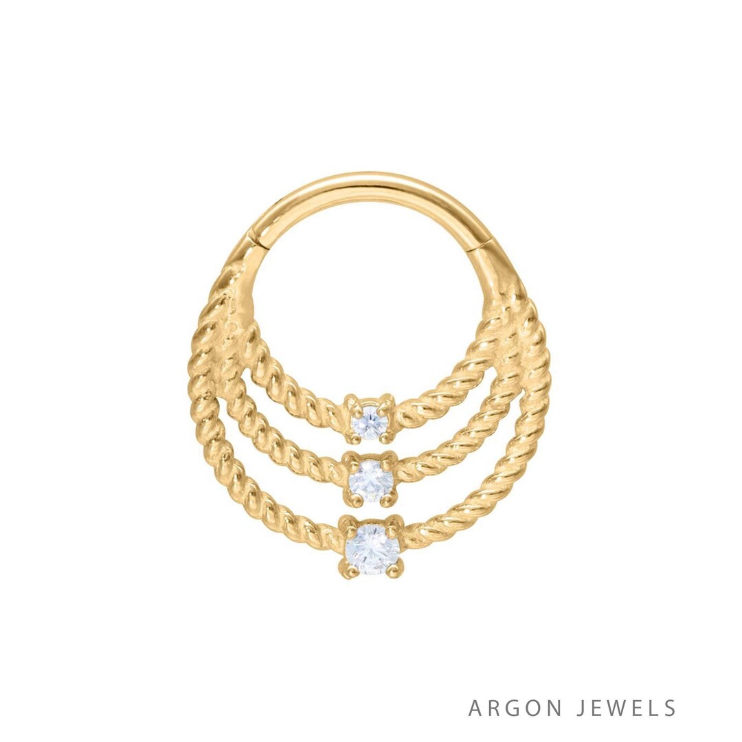 Hayley 3 Twisted Rings Clicker, Round Diamond Daith,14k Solid Gold ...