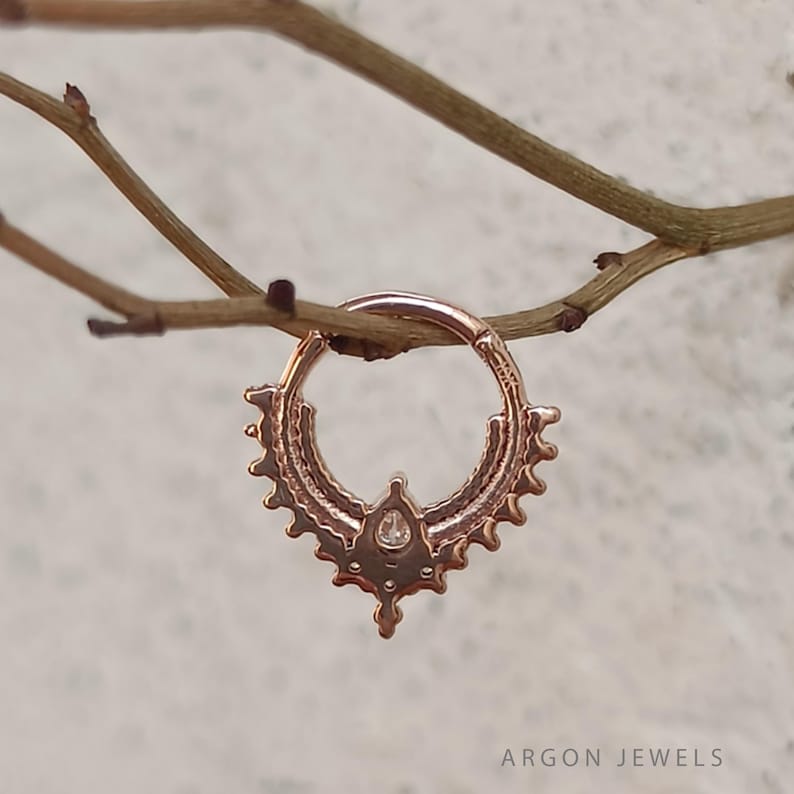 Eleanor 14ct Yellow Gold Segment Ring, Pear & Round Diamond Daith ...