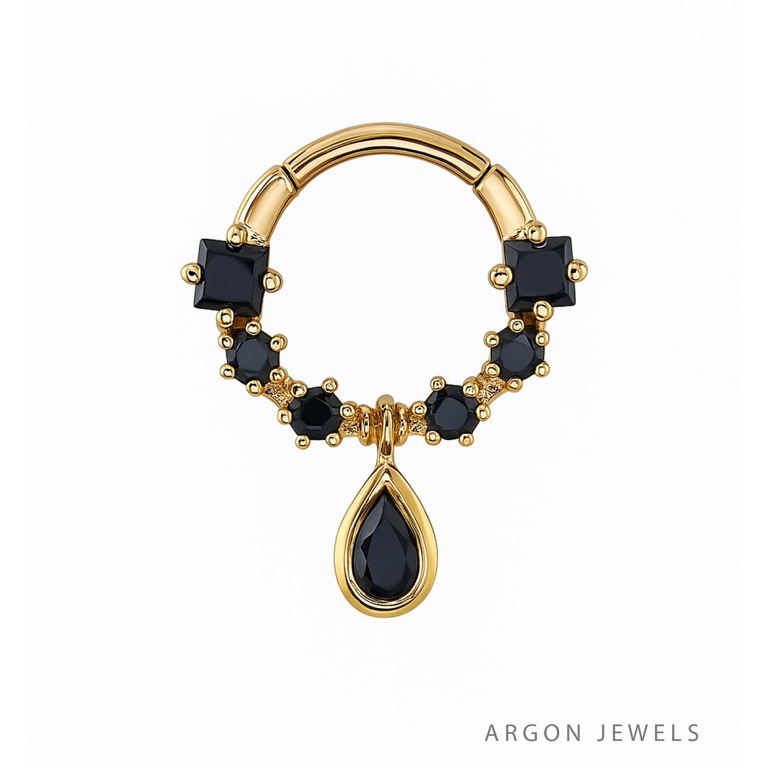 Anouk Gold Black Onyx Septum Ring, Teardrop Clicker, Dainty Gothic Nose ...