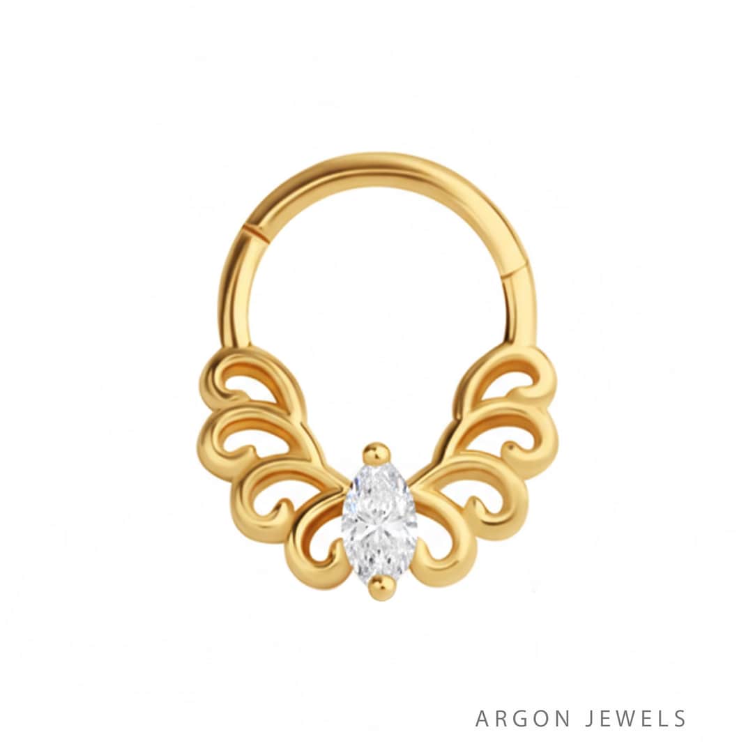 Dainora 14K Gold Angel Minimal Ring, Marquise Clicker Ornate Swirl ...