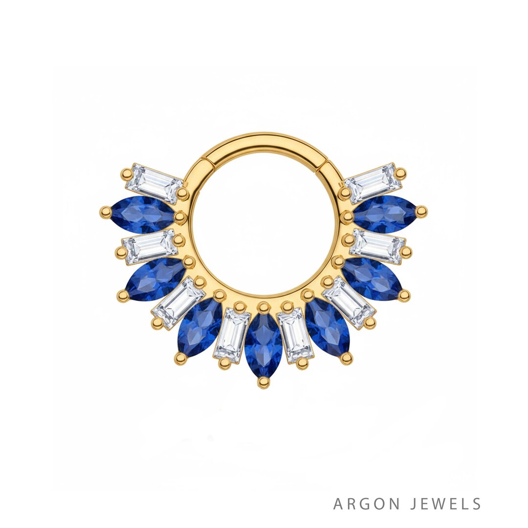 Yuna Gold Septum Ring With Blue Marquise & Clear Baguette CZ, Dainty ...